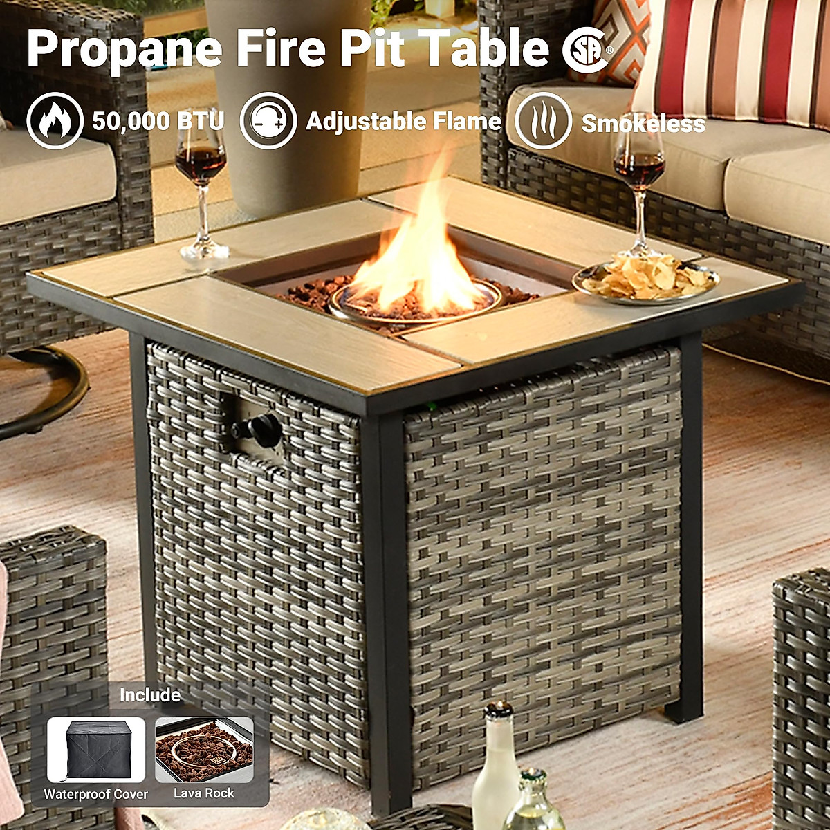 ovios 6 Pieces Patio Furniture Set with Square Fire Pit Table, Swivel Rocking Chairs, Loveseat, Outdoor High Back Wicker Rattan Conversation Set for Deck Porch, Beige