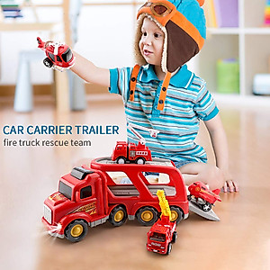 Fire Truck Car Toys Set, Friction Powered Car Carrier Trailer with Sound and Light, Play Vehicle Set for Kids Toddlers Boys Child Gift Age 3 4 5 6 7 Years Old, 2 Rescue Car, Helicopter, Plane