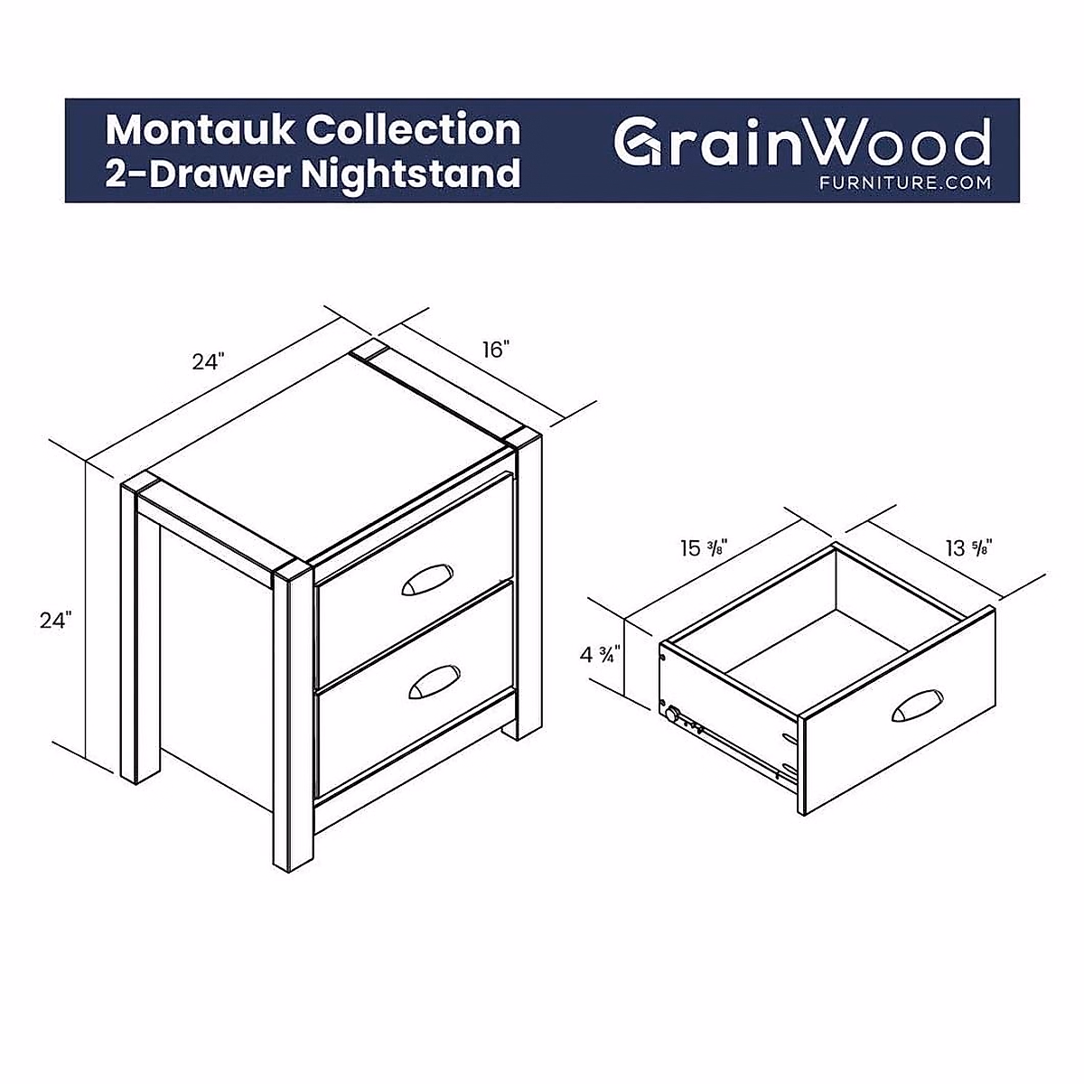 Grain Wood Furniture Montauk 2-Drawer Bedside Nightstand, Solid Wood with Rustic Walnut Finish