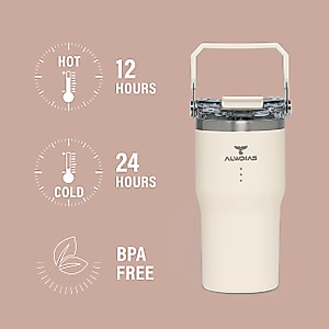 ALWDIAS Samsta Stainless Steel Tumbler with Handle and Straw | Leakproof Vacuum Insulated Water Bottle | Keep Cold 24H | Cup Holder Friendly Double Walled Travel Mug | 20 oz, White Cream