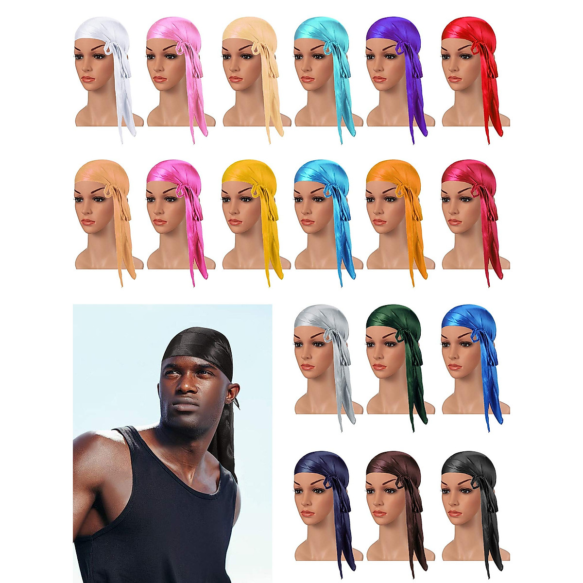 18 Pieces Silky Durags Long Tail Headwrap Durag Wide Strap Satin Durag Cap for Men and Women (Mixed Color)