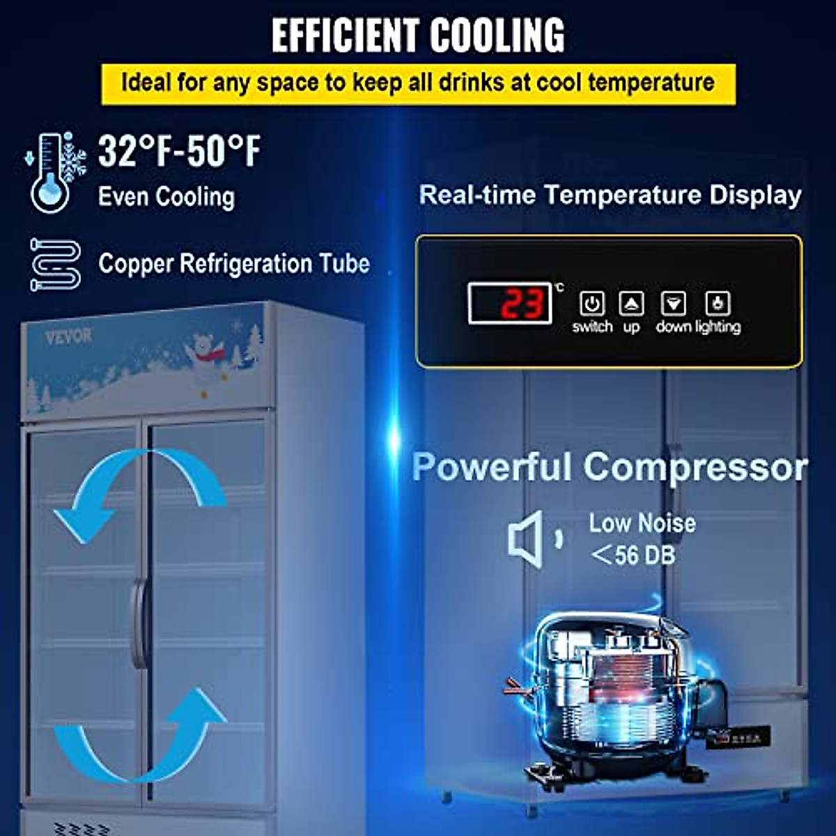 VEVOR Commercial Refrigerator,Display Fridge Upright Beverage Cooler, Glass Door with LED Light for Home, Store, Gym or Office, (23 cu.ft. Double Swing Door)