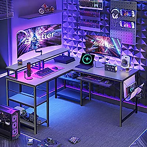 Bestier L Shaped Gaming Desk with Led Light 59.4 Inch Computer Corner Desk or 2 Person Long Table with Shelves Monitor Stand and Keyboard Tray for Home Office, Carbon Fiber Black