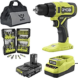 Ryobi Cordless 1/2 inch Drill Driver with 70 Piece Drill Bit Set, 18-Volt Lithium-ion Battery, Charger and Buho Tool Bag