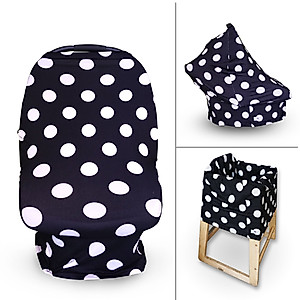 Nursing Breastfeeding Cover/Scarf + Baby Car Seat Cover/Canopy + Shopping Cart/Stroller Cover + High Chair Cover for Infant Girls and Boys. Best 4 in 1 Multi Use Stretchy Covers (Dots)
