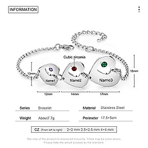 Luxladis Personalized Custom Name Heart Bracelet with 1-6 Birthstones Love Bracelet for Women Engraved Names Link Bracelets for Mother's Day Mom Girls (3 names)