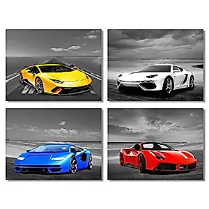 YPY Sports Car Canvas Wall Art: Colorful Supercar by The Beach Picture - Black and White Themed Poster - Decorative Gift for Man, Teens and Boys Bedroom Decor 12x16 Inch