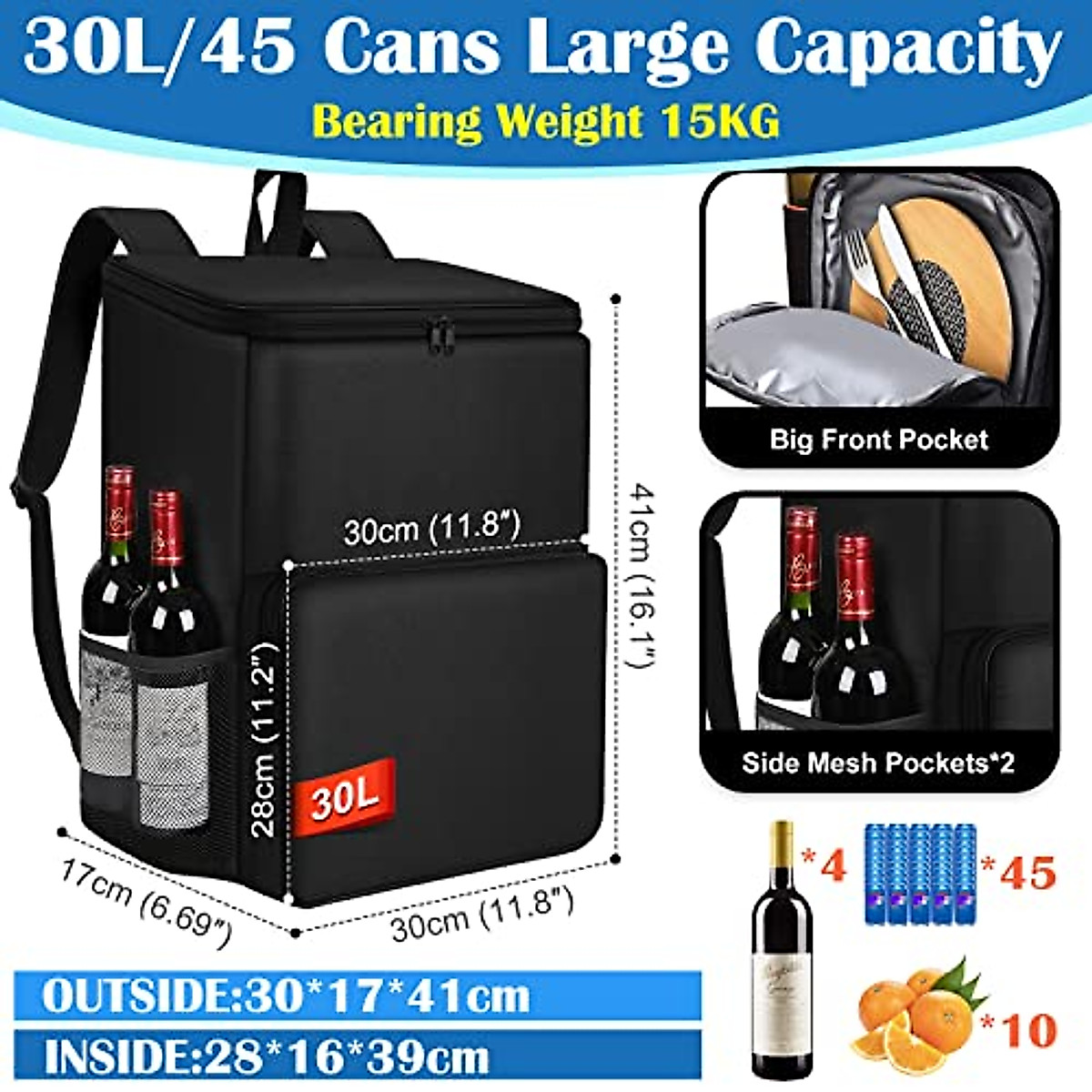 30L 45Cns Backpack Cooler Bag Insulated Leak Proof, Large Capacity Waterproof Cooler Backpack Bag for Men Women to Work Lunch Camping Picnics Beach Hiking Travel Cooler Bag, Cold for Up to 16 Hours