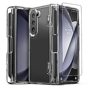 VRS DESIGN Phone Case for Galaxy Z Fold 5 5G Phone Case (2023)[Simpli Fit Crystal S], Premium Modern Slim Style Spring-Loaded Hinge Cover w/S Pen Compartment & Tempered Glass Screen Protector(Clear)