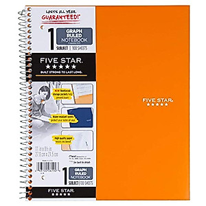 Five Star 06190 11" X 8-1/2" Graph Ruled 1 Subject Notebook Assorted Colors (Pack of 2)