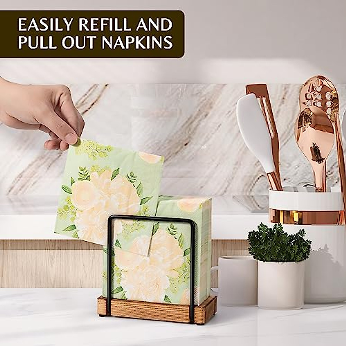 Napkin Holder for Kitchen Dining Table - Farmhouse Standing Iron Napkins Holders with Wood Base for Paper Napkins, Modern Dispenser for Home Decor