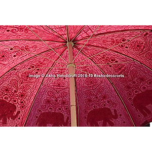 Asha Handicraft 72" Indian Handmade Embroidered Elephant Garden Umbrella, Large Outdoor Patio Parasols, Beach Umbrella Sun Shade Wedding Decorative Umbrellas (Large, White & Pink)