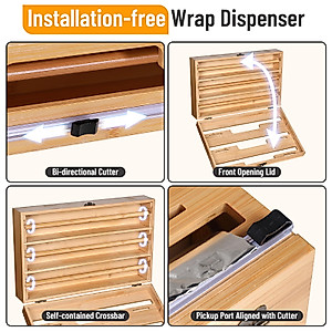 Allinside Magnetic Plastic Wrap Dispenser with Cutter, 3 in 1 Refrigerator Bamboo Wood Organizer for Tin Foil, Baking Paper, Wax Paper Holder Kitchen Storage Box Compatible with 12.9" Roll (3 Tier)