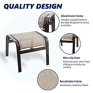 Deugold Outdoor Patio Ottoman Seat Textilene Portable Metal Footstool Portable Footrest Patio Chairs 2 Set Beige