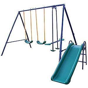 WIIS' IDEA Metal Swing Set for Backyard, Swing Set for Kids Toddler Age 3-8, Outdoor Heavy Duty Extra Large Swing Set with 2 Swing Adjustable Swing Seat, 1 Swing Glider, 1 Slide