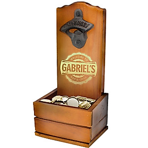 Custom Engraved Wood Wall Mounted Beer Soda Bottle Opener with Cap Catcher - Personalized with Bottle Cap Style (Red/Brown)