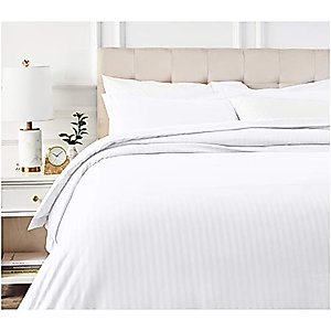 Amazon Basics Microfiber 3 Piece Duvet Cover Set, Full/Queen, Bright White, Striped, 4 Pack