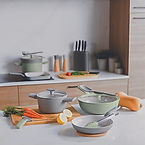 BergHOFF Balance Non-stick Ceramic Stockpot 8", 3.3qt., Multifunctional Glass Lid, Recycled Aluminum, CeraGreen Non-toxic Coating, Stay-cool Handle, Induction Pan, For Stew Soup Steam, Moonmist