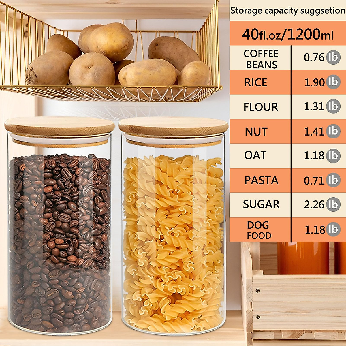 VIEWELLD Airtight Glass Storage Canister with Wood Lid(40 fl.oz), Clear Food Storage Container Jar with Sealing Bamboo Lid for Noodles Flour Cereal Rice Sugar Tea Coffee Beans, Round Set of 3