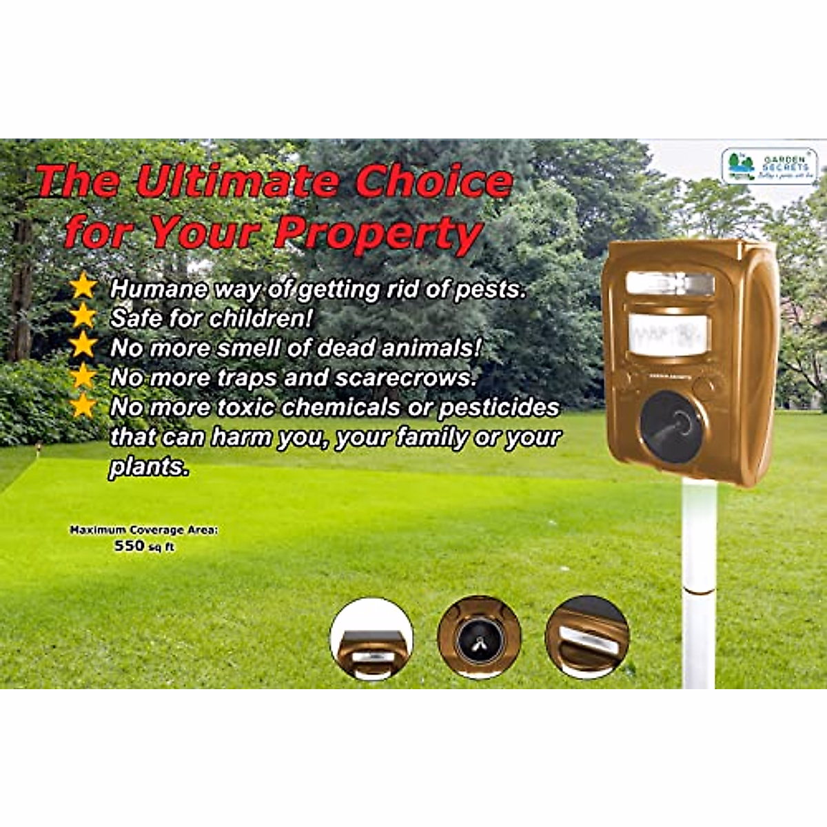 GARDEN SECRETS (2023 Version) Compact Solar Ultrasonic Animal Repellent. Skunk Raccoon Deer Coyote Cat Rat Mice etc Deterrent. Keep Pests Away from Your Property Within 2-4 Weeks. (Brown, 1 Unit)