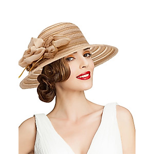 Kentucky Organza Wide Brim Sun Hat Summer Derby Hats for Tea Party Wide Brim Bowler Cap Khaki