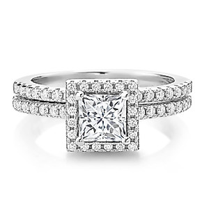 Gem Stone King 925 Sterling Silver White Moissanite Engagement Wedding Engagement Ring Band Bridal Set For Women (1.36 Cttw, Gemstone, Princess 5MM, Size 7)