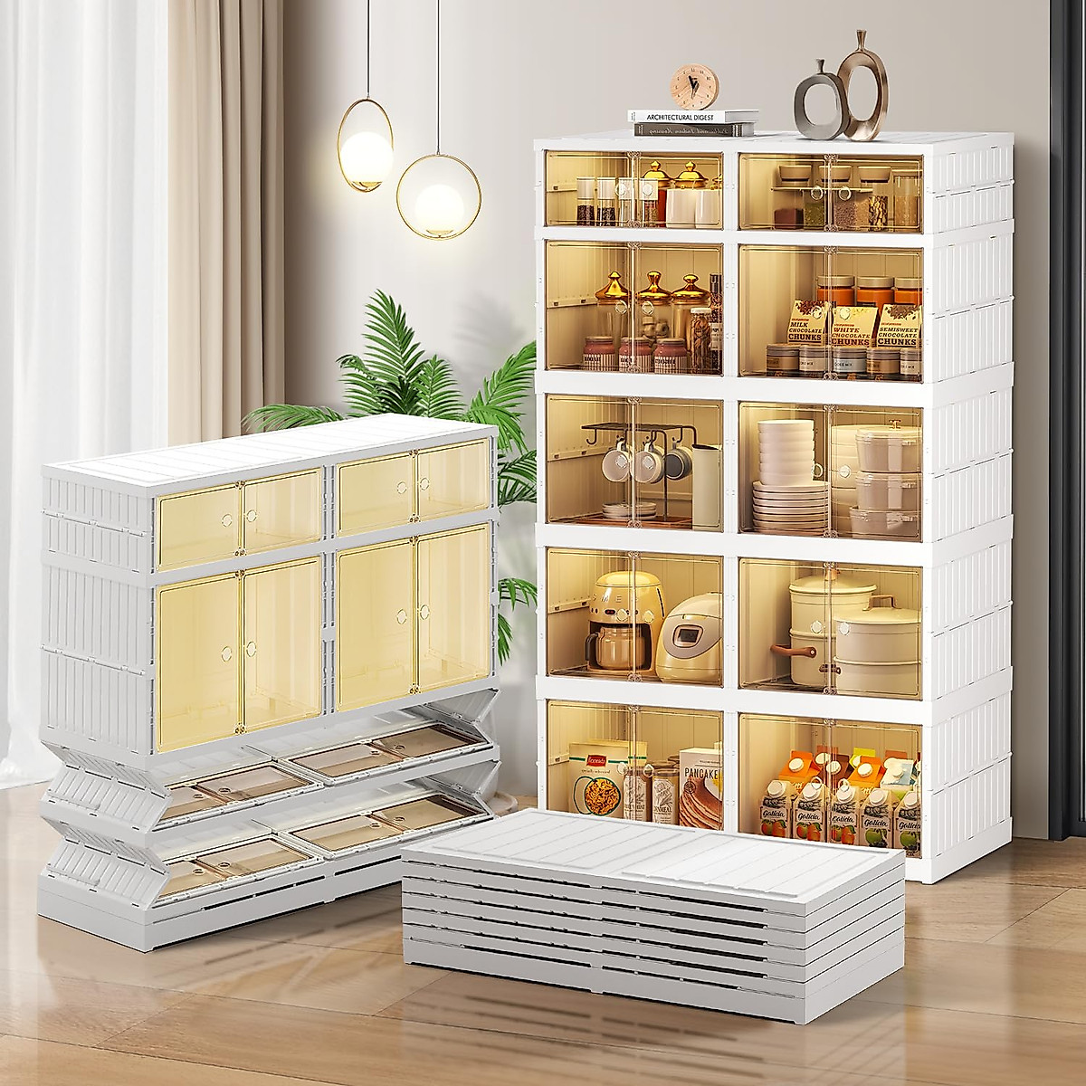 EHAMILY Pantry Cabinet Plastic Foldable with Doors Clear Collapsible Storage Cabinet with Wheels Large Folding Stackable Closet Storage 5-Tier 10Grids Easy Assemble