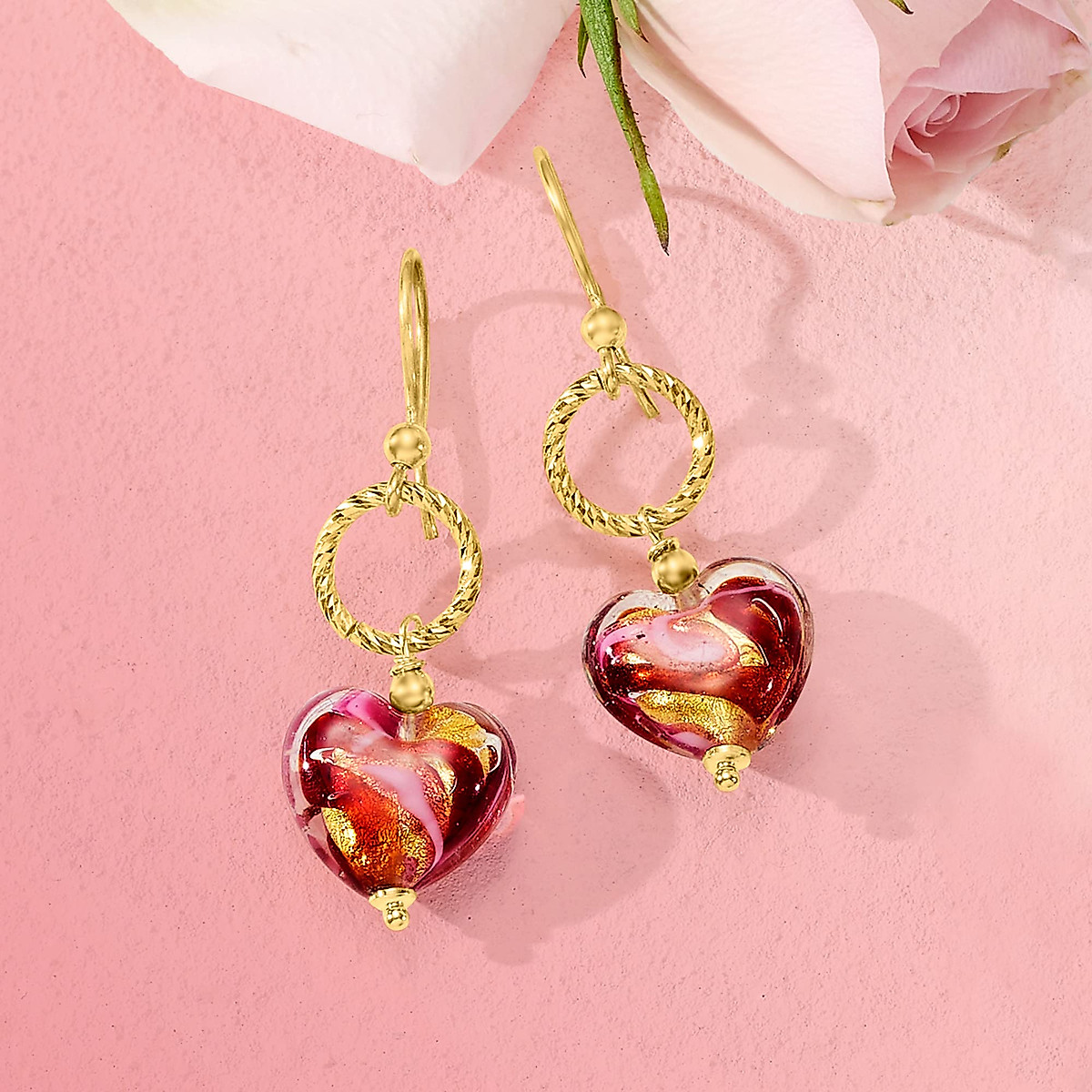 Ross-Simons Italian Red and Pink Murano Glass Heart Drop Earrings in 18kt Gold Over Sterling