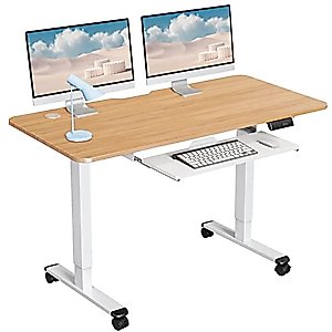 WOKA Electric Standing Desk Adjustable Height, 48 x 24 Inches Stand up Desk with Keyboard Tray, Sit Stand Desk with Memory Controller for Home Office, Motorized Desk with Splice Board, Oak
