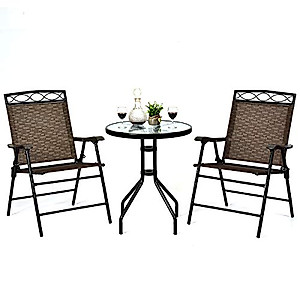 Giantex Patio Dining Set Round Glass Table with 2 Patio Folding Chairs, Outdoor Table and Chairs for Garden, Pool, Backyard, Tempered Glass Tabletop with Umbrella Hole (Brown)