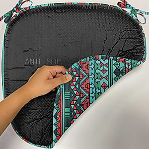 Ambesonne Tribal Chair Seating Cushion Set of 8, Hand Drawn Design Geometric Pattern with Sharp Shapes and Stripes, Seat Pads for Office with Anti-Slip Backing, 16"x16", Red Blue Teal