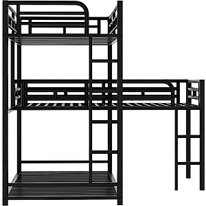 DNYN Twin Over Twin Triple Bunk Bed,L-Shaped Metal Bunkbeds with Safety Guardrails & Ladder,3 in 1 Sturdy Steel Bedframe,No Box Spring Needed & Space Saving Deisn, Black
