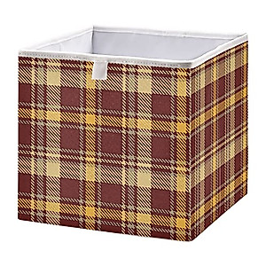 Kigai Red and Orange Plaid Storage Box, Foldable Storage Bins with Handle, Decorative Closet Organizer Storage Boxes for Home