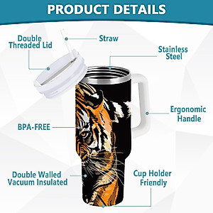ALAZA Tiger Swooping Howling 40 oz Tumbler Stainless Steel Water Bottle Vacuum Insulated Cup with Straw Lid & Handle For Travel Car Cup Holder