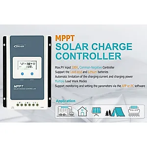 EPEVER 40A MPPT Solar Charge Controller 12V 24V Auto, 40 amp Negative Grounded Solar Charge Controller MPPT Max Input 100V, 520W/1040W for Lead-Acid, Lithium Batteries and Load Timer Setting