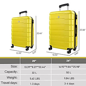 HOUAGI Luggage Sets 2 Piece,20 inch 24 inch Carry on Luggage Airline Approved,ABS Hardside Lightweight Suitcase with 4 Spinner Wheels,2-Piece Set(20/24),Yellow