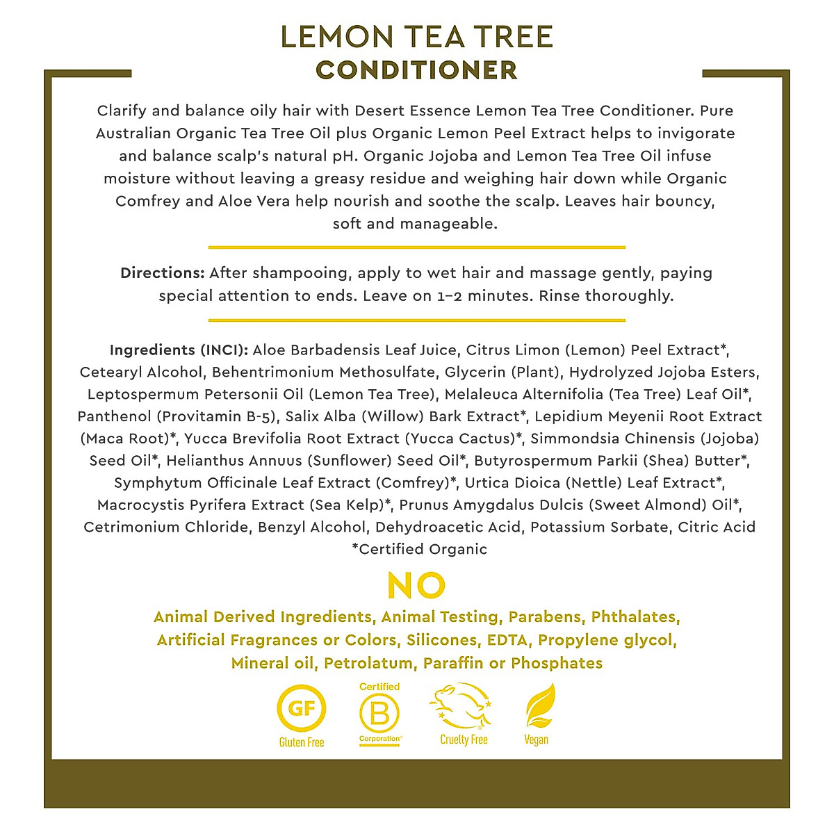 Desert Essence Conditioner, Lemon Tea Tree, Clarifying Provitamin B5, Organic Lemon Peel Extract & Nourishing Aloe - Purifying, Moisturizing, Soothing - Vegan, Sulfate-Free, Cruelty-Free - 8oz