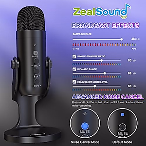 ZealSound USB Microphone,Condenser Computer PC Mic,Plug&Play Gaming Microphones for PS 4&5.Headphone Output&Volume Control,Mic Gain Control,Mute Button Vocal,YouTube Podcast on Mac&Windows(Black)