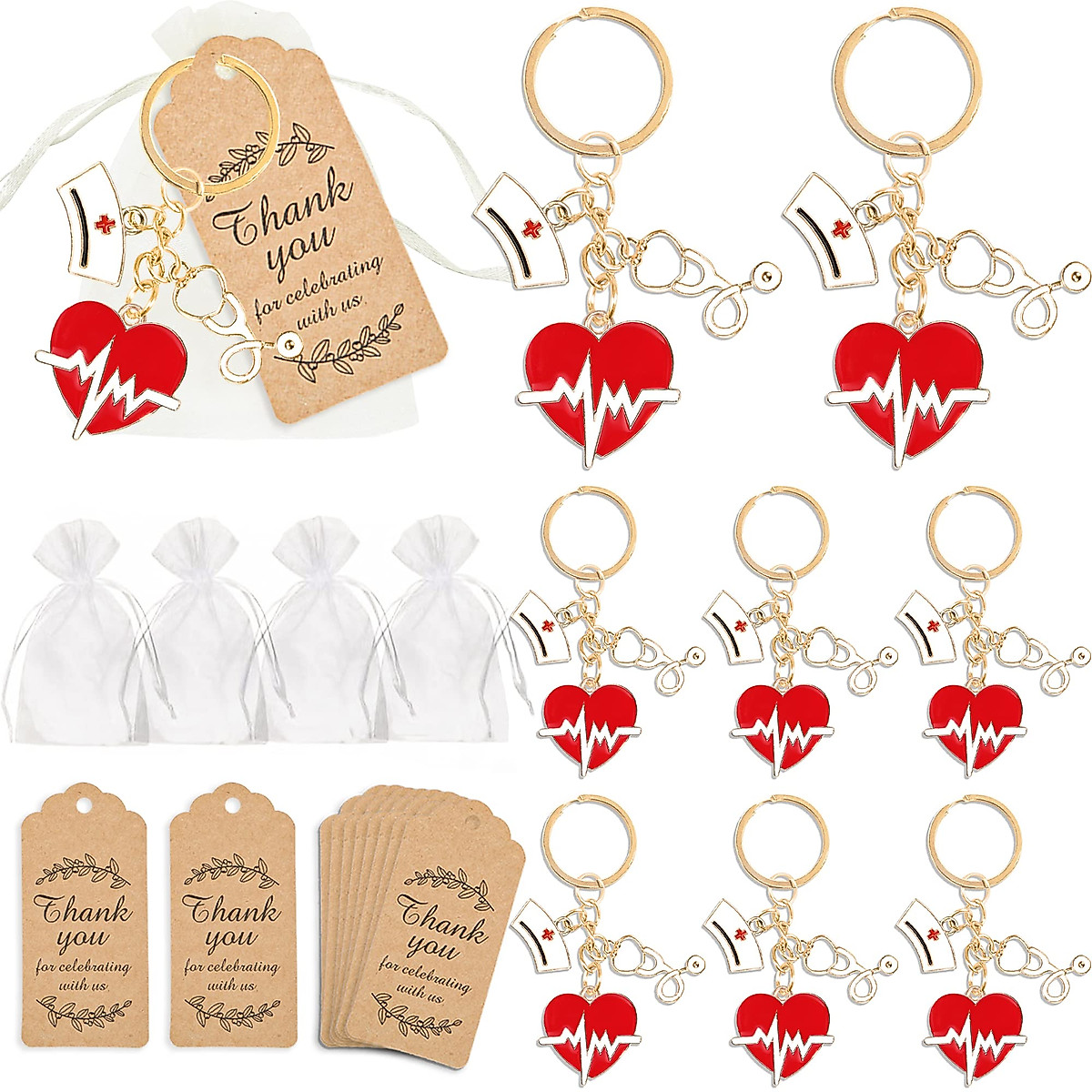 12 Sets Nurse Party Favors Nurse Graduation Decorations Doctor keychains with Red Heart Stethoscopes Organza Bags Thank You Cards for Graduation Party Supplies Hospital Medical Themed Party Decor