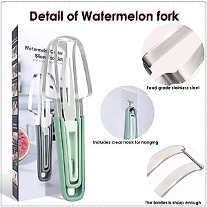 YEPVIE Watermelon Cutter Slicer Tool, 3-in-1 Stainless Steel Watermelon Fork Slicer and Popsicle Cutter with Clear Wall Hook, Portable Fruit Cutter Set for Home, Kitchen and Camping