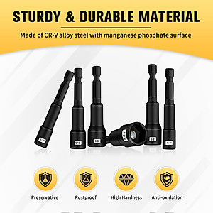 BOEN 1/4 inch Magnetic Nut Driver Set, 6 Piece Impact Drill Driver Bit Set, Length 1/4", 5/16", 3/8", Quick-Change Hex Shank SAE Nut Driver, Cr-V Steel, Black Manganese Phosphate Coating