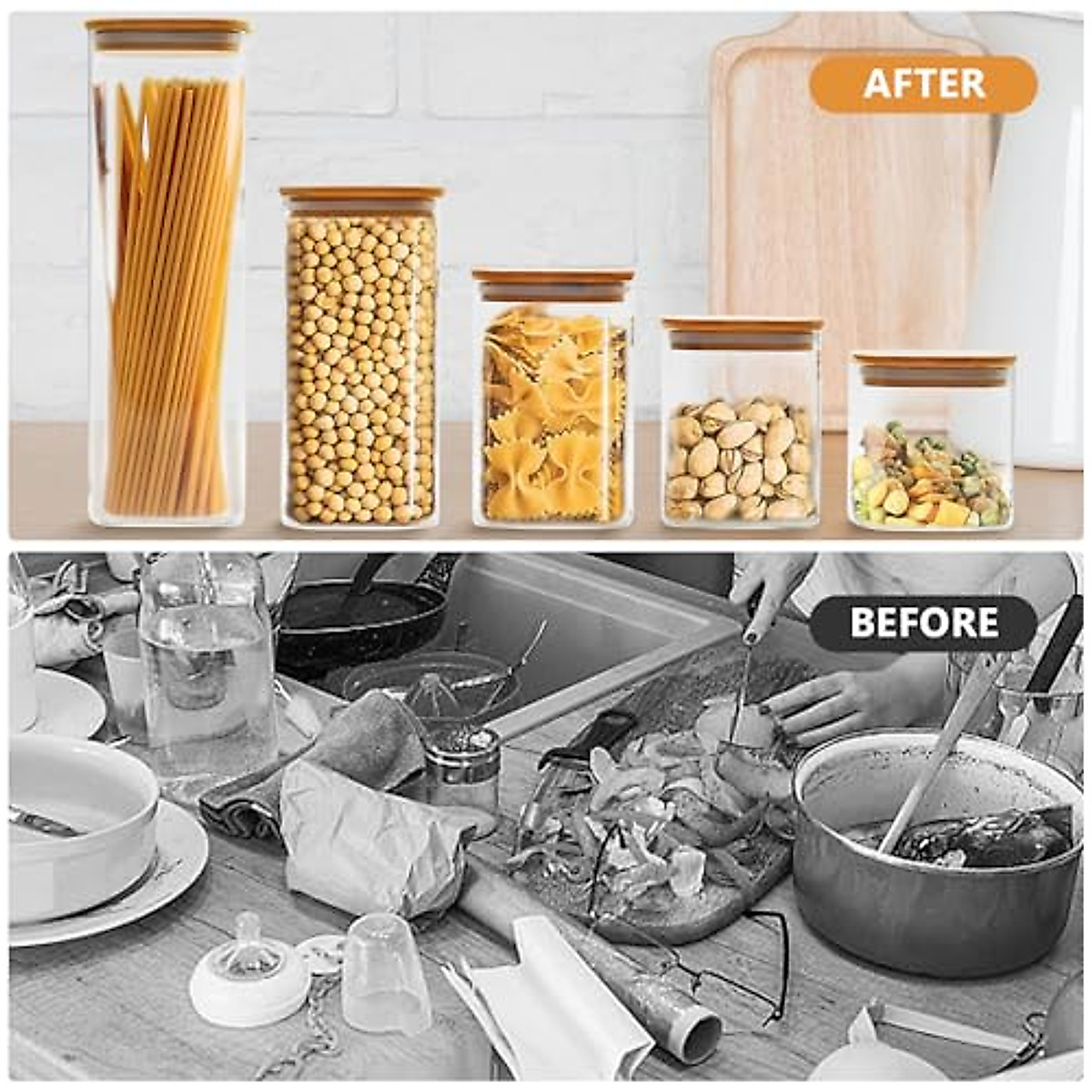 XHKDSYMC 5 Pack Glass Food Storage Jars, Clear Glass Canister Food Jar with Bamboo Wooden Lid Food Storage Container for Sugar, Pasta, Snack, Coffee Beans, Cookies, Nuts, Coffee Beans