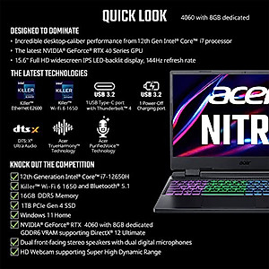Acer Nitro 5 Gaming Laptop | Intel 12th Gen i7-12650H | NVIDIA GeForce RTX 4060 Laptop GPU | 15.6” FHD 144Hz IPS Display | 16GB DDR5 | 1TB Gen 4 SSD | Killer Wi-Fi 6 | RGB Backlit KB | AN515-58-781P