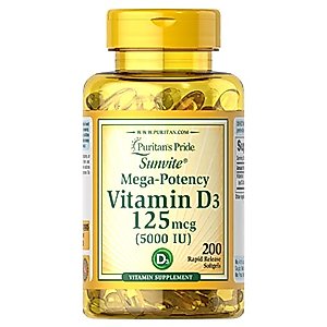Vitamin D3 5,000 IU Bolsters Immunity by Puritan's Pride for Immune System Support and Healthy Bones and Teeth 200 Softgels, packaging may vary