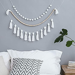 Dahey Wood Bead Garland with Tassels Banner Pom Pom Balls Garlands Decorative Wall Hanging for Boho Home Decor, Baby Shower, Nursey Room, Wedding, Birthday Christmas Party Decorations