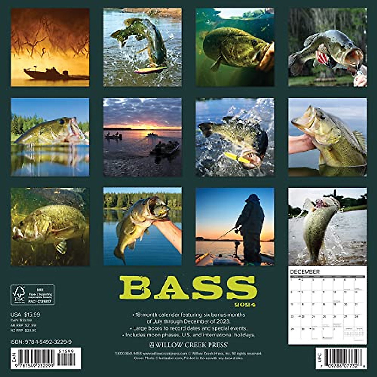 Willow Creek Press Bass Monthly 2024 Wall Calendar (12" x 12")