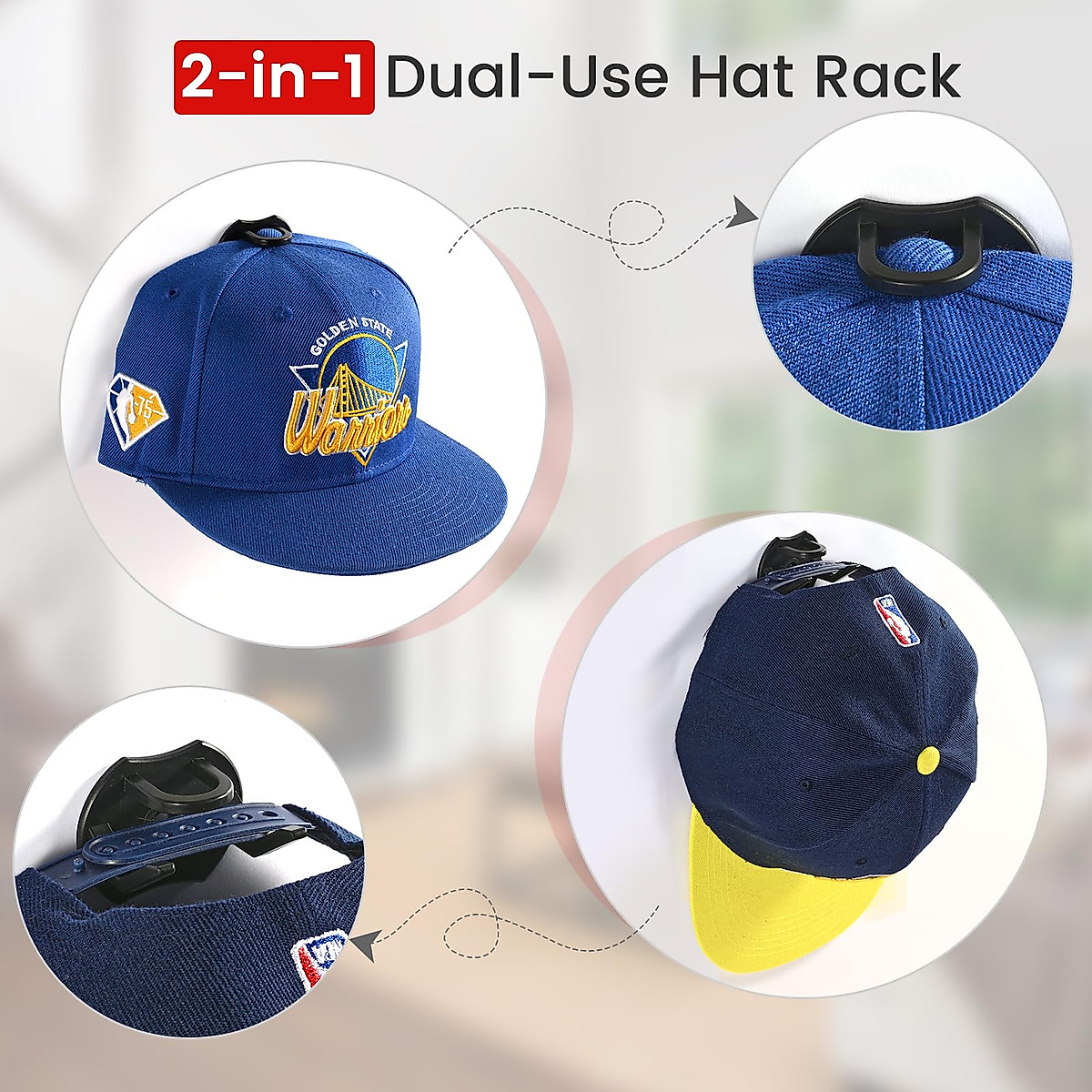 Lrgkcne Adhesive Hat Rack for Wall Baseball Caps, 16 Pack Hooks for Hats, Strong Hold hat Wall Organizer, Minimalist hat Display Rack, No Drilling Hat Racks for Door,Bedroom,Closet Black