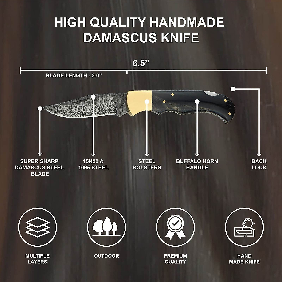 Lara Eagle Damascus Pocket Knife for Men - 133 Layer Solid Steel Handmade Folding Hunting Knives with Sharpner and Leather Pouch - Best Knife for Camping Hunting Hiking - Father’s Day Gifts for Men Husband Dad (Buffalo Horn Handle)