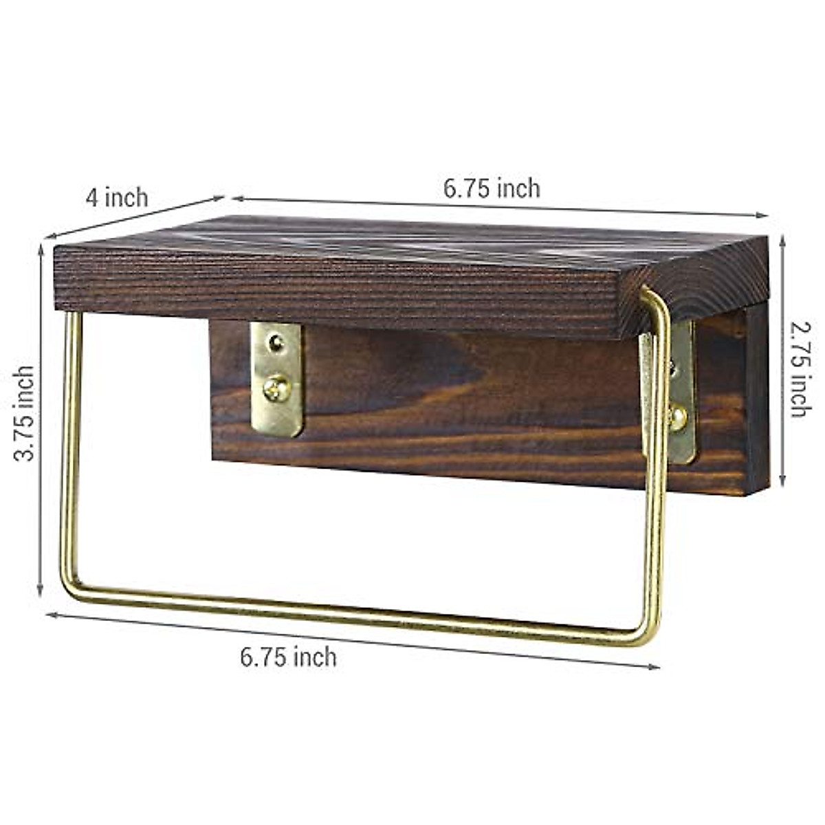 MyGift Rustic Brass Tone Metal Wire Bathroom Towel Ring with Dark Brown Burnt Wood Wall Mount, Hand Towel Rack with Display Shelf