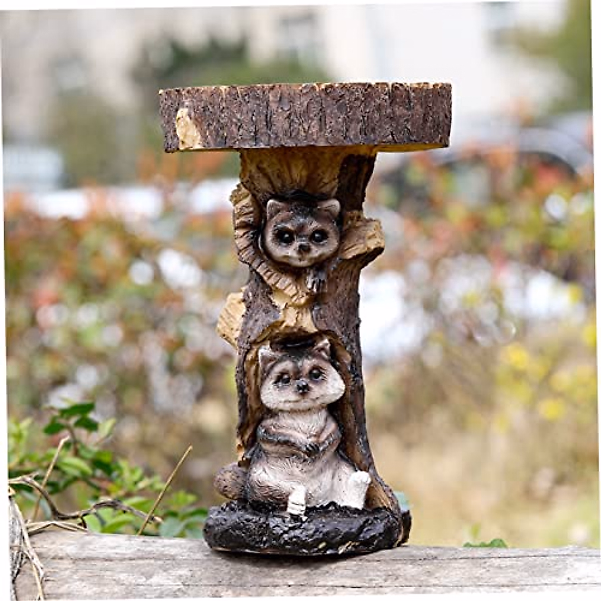 Naisicore Birdbath, 21cm/8.3inch Resin Raccoon Woode Stake Bird Feeder Statues, Standing Animal Bird Bath Tray, Garden Landscape Decorative Ornament for Patio Yard Lawn Decoration